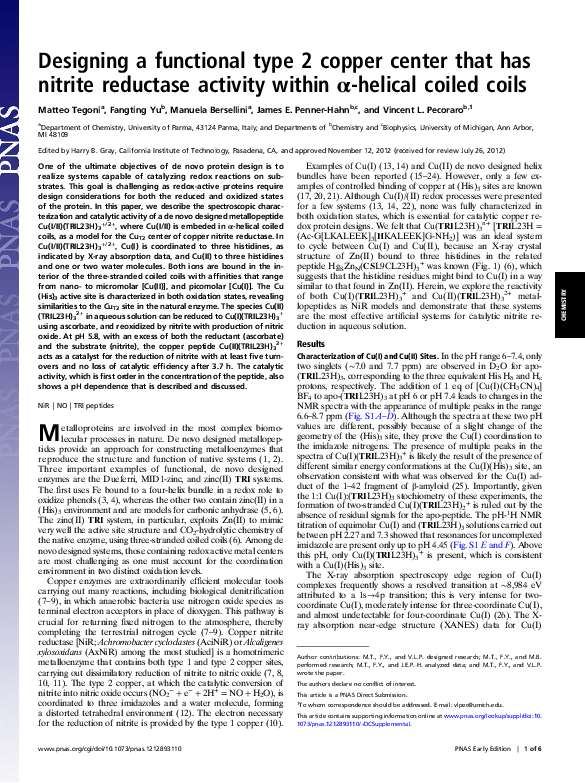 (PDF) Designing a functional type 2 copper center that has nitrite reductase activity within ...