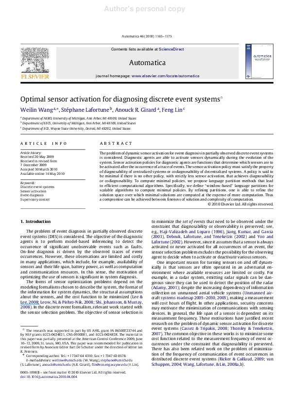 Pdf Optimal Sensor Activation For Diagnosing Discrete Event Systems