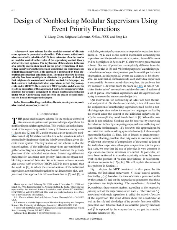 (PDF) Design of nonblocking modular supervisors using event priority functions