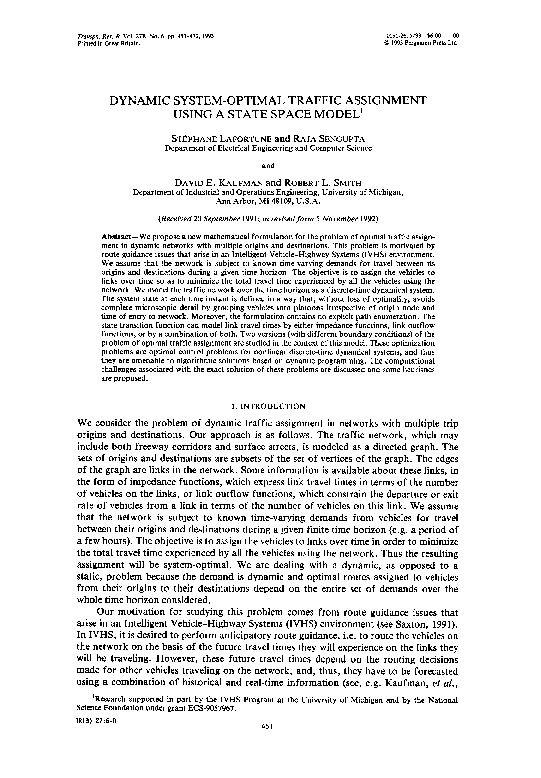 (PDF) Dynamic system-optimal traffic assignment using a state space model