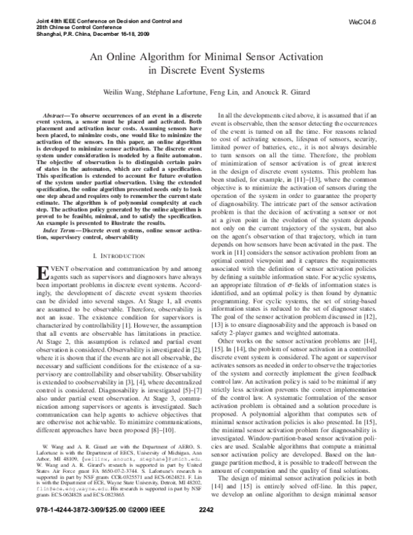 Pdf An Online Algorithm For Minimal Sensor Activation In Discrete Event Systems