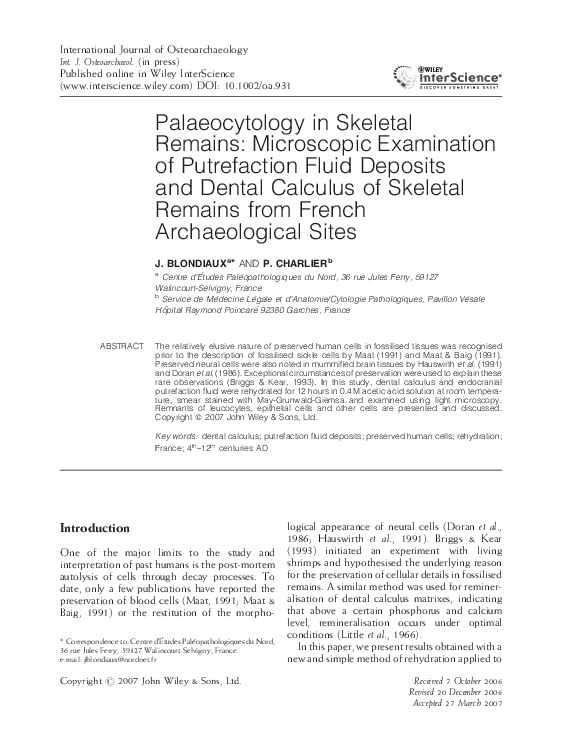 (PDF) Palaeocytology in skeletal remains: microscopic examination of ...