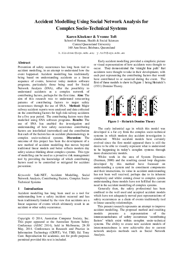 (PDF) Accident Modelling Using Social Network Analysis for Complex Socio-Technical Systems