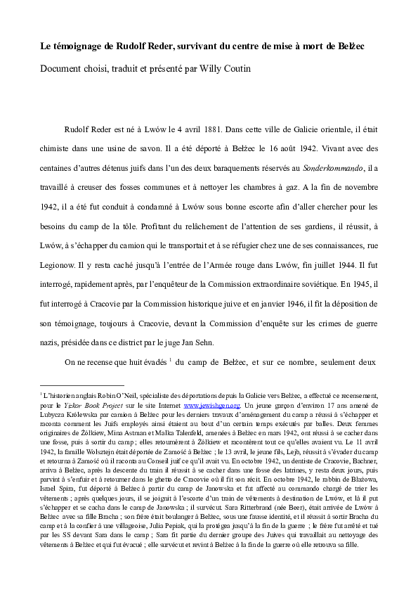 (DOC) Le témoignage de Rudolf Reder, survivant du centre de mise à mort ...