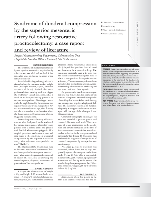 (PDF) Syndrome of duodenal compression by the superior mesenteric ...