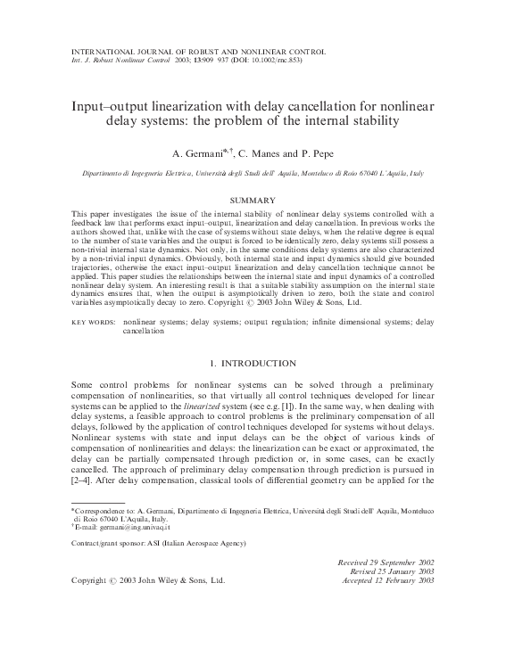 Pdf Input Output Linearization With Delay Cancellation For Nonlinear Delay Systems The