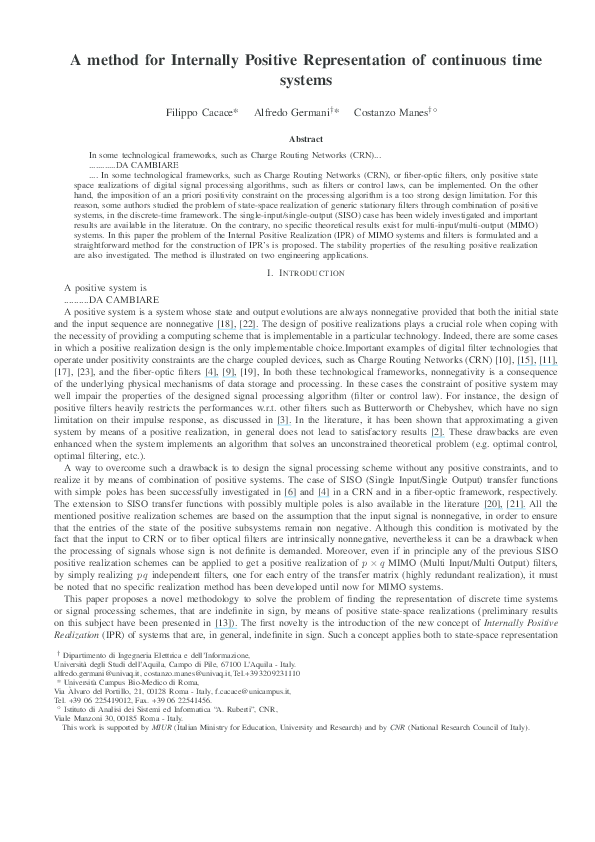 (PDF) A method for Internally Positive Realization of continuous time systems