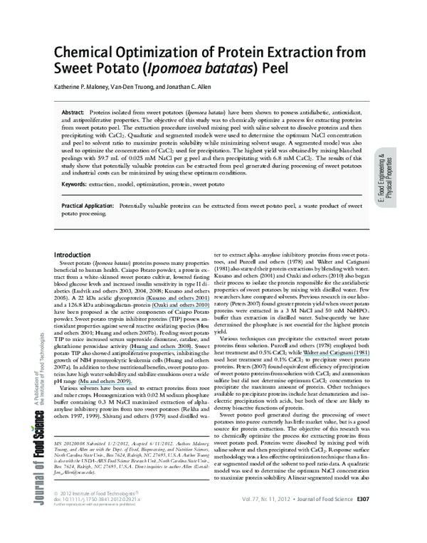 (PDF) Chemical Optimization of Protein Extraction from Sweet Potato ( Ipomoea batatas ) Peel