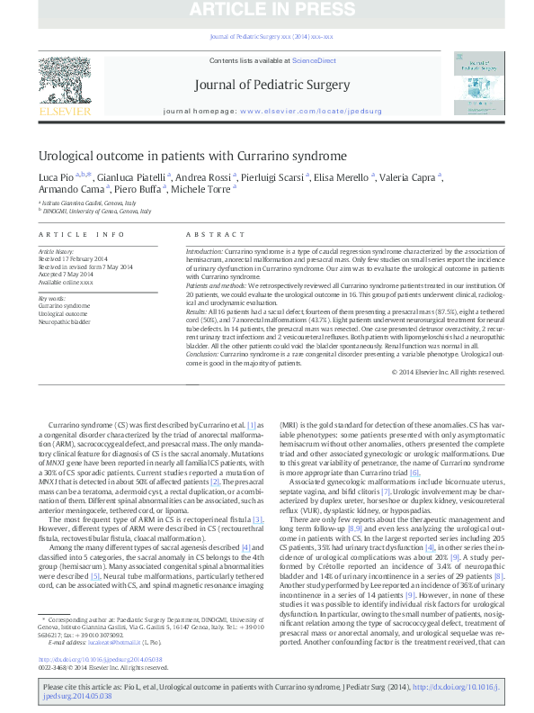 (PDF) Urological outcome in patients with Currarino syndrome