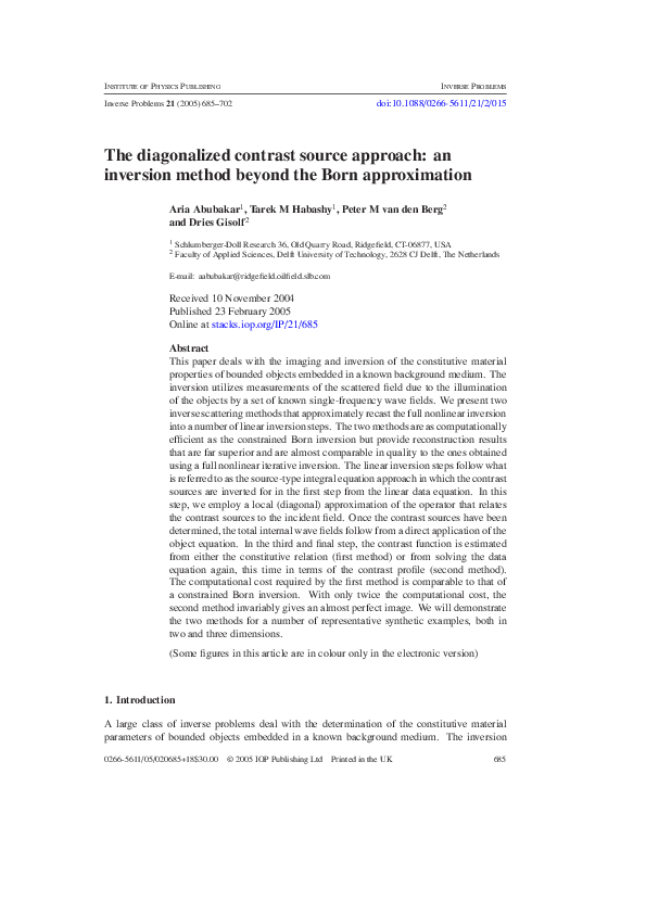 (PDF) The diagonalized contrast source approach: an inversion method beyond the Born approximation