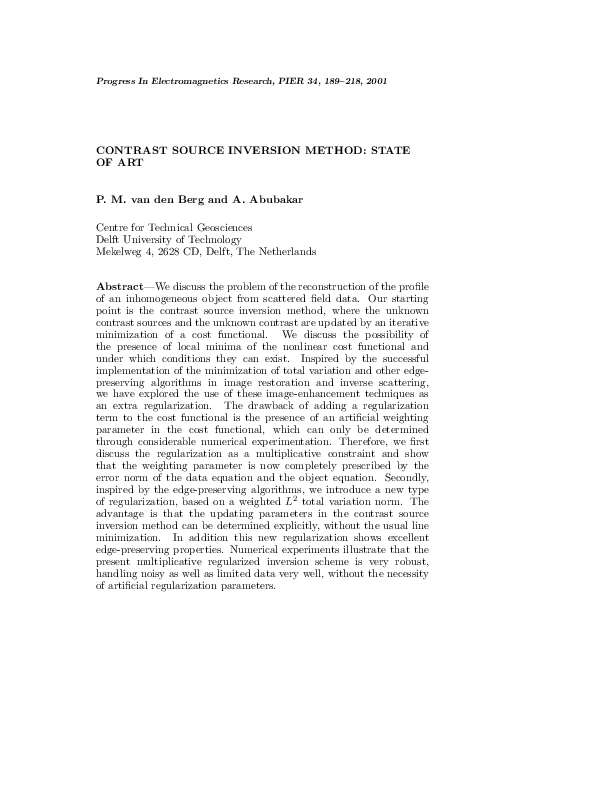 Pdf Contrast Source Inversion Method State Of Art Abstract 