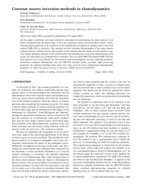 Pdf Contrast Source Inversion Methods In Elastodynamics
