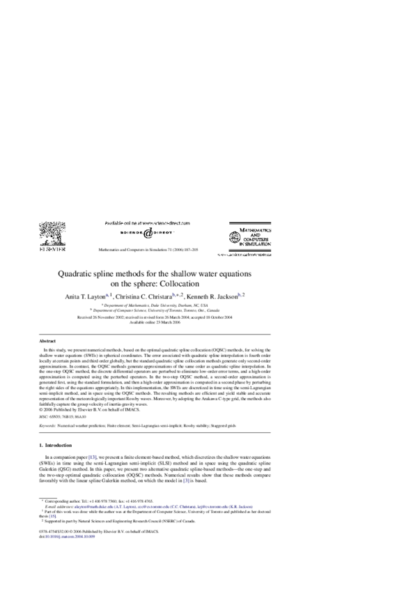 Pdf Quadratic Spline Methods For The Shallow Water Equations On The Sphere Collocation