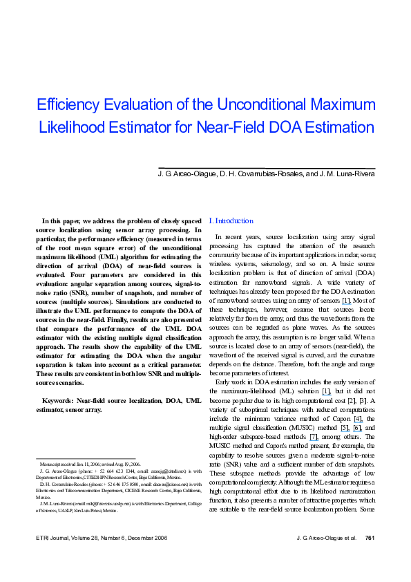 Pdf Efficiency Evaluation Of The Unconditional Maximum Likelihood Estimator For Near Field Doa 