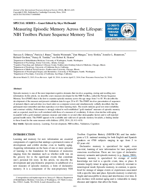 (PDF) Measuring episodic memory across the lifespan: NIH Toolbox ...