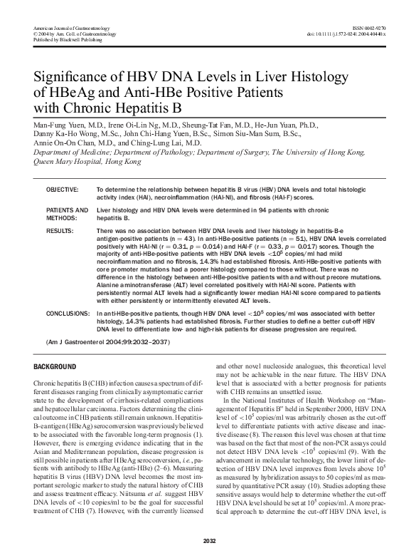 (PDF) Significance of HBV DNA Levels in Liver Histology of HBeAg and ...