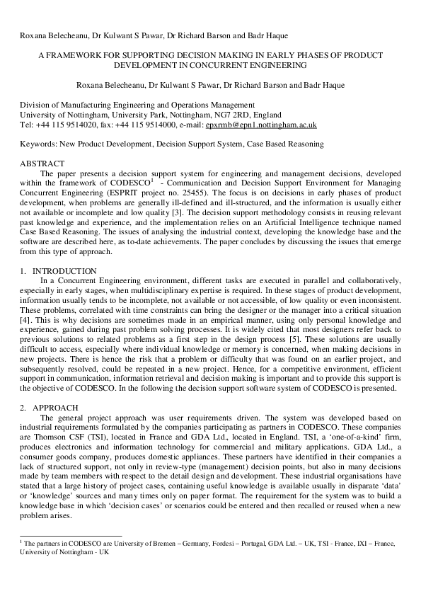 (PDF) A FRAMEWORK FOR SUPPORTING DECISION MAKING IN EARLY PHASES OF PRODUCT DEVELOPMENT IN ...