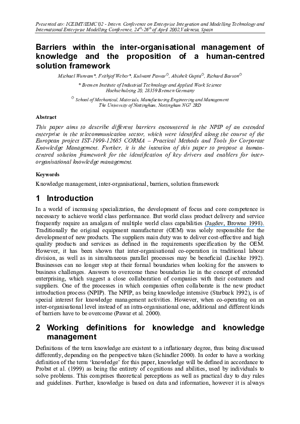 (PDF) Barriers within the inter-organisational management of knowledge ...