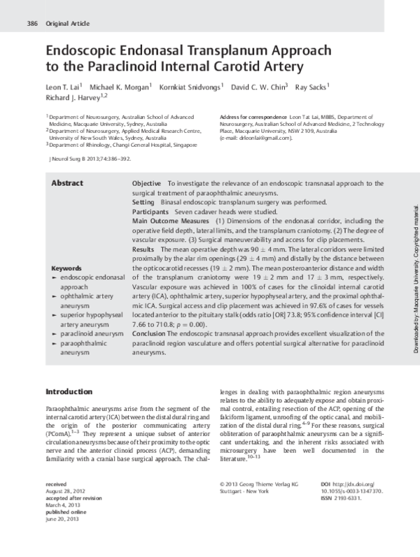 (PDF) Endoscopic Endonasal Transplanum Approach to the Paraclinoid ...