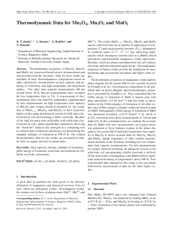 (PDF) Thermodynamic Data for Mn3O4, Mn2O3 and MnO2