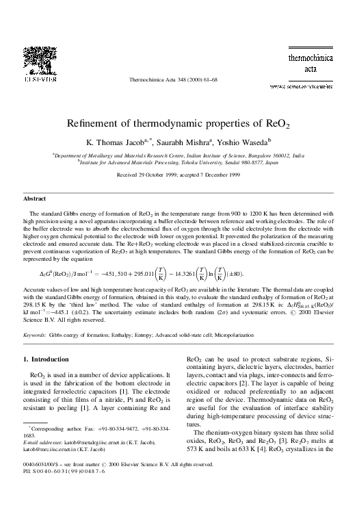 (PDF) Refinement of thermodynamic properties of ReO2