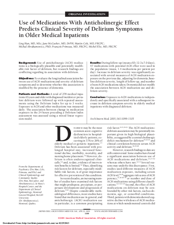 (PDF) Use of Medications With Anticholinergic Effect Predicts Clinical ...