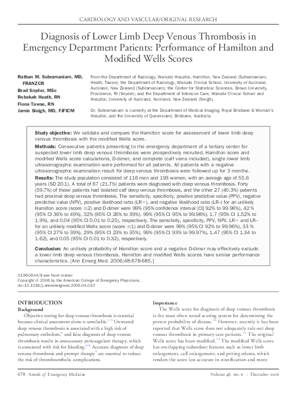 (PDF) Diagnosis of Lower Limb Deep Venous Thrombosis in Emergency ...