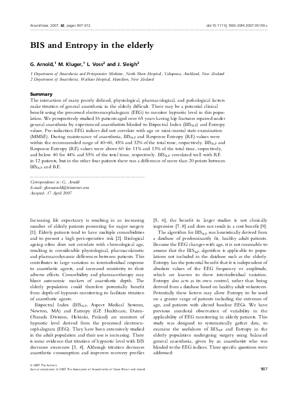 (PDF) BIS and Entropy in the elderly