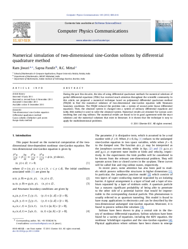Pdf Numerical Simulation Of Two Dimensional Sine Gordon Solitons By Differential Quadrature Method