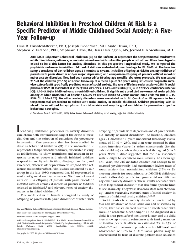 (PDF) Behavioral Inhibition in Preschool Children At Risk Is a Specific ...