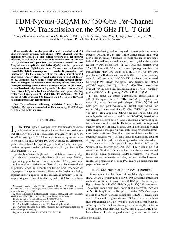 (PDF) PDM-Nyquist-32QAM for 450-Gb/s Per-Channel WDM Transmission on ...