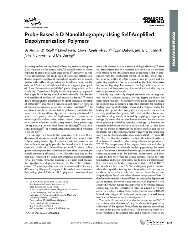 Pdf Probe Based 3 D Nanolithography Using Self Amplified Depolymerization Polymers