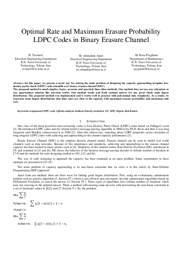 (PDF) Optimal rate and maximum erasure probability LDPC codes in binary erasure channel