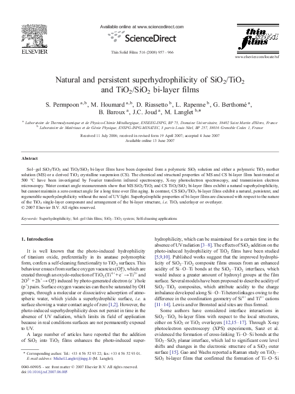 (PDF) Natural and persistent superhydrophilicity of SiO2/TiO2 and TiO2/SiO2 bi-layer films
