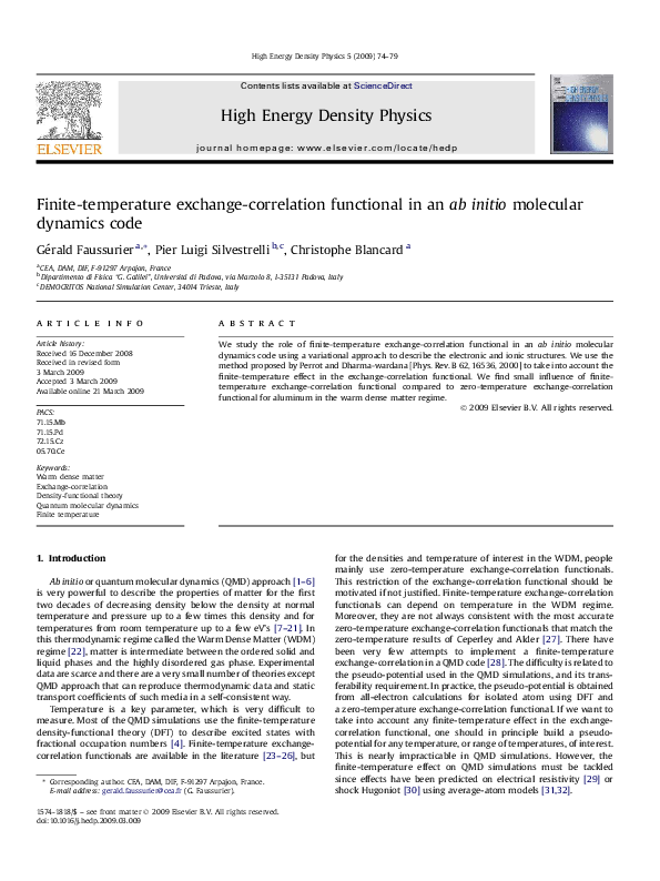 (PDF) Finite-temperature exchange-correlation functional in an ab initio molecular dynamics code