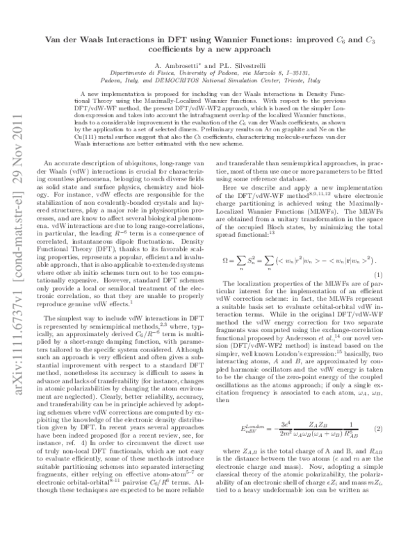 (PDF) Van der Waals Interactions in DFT using Wannier Functions: improved $C_6$ and $C_3 ...