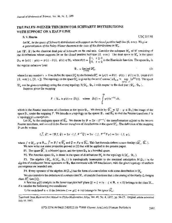 (PDF) The Paley-Wiener theorem for Schwartz distributions with support on a half-line