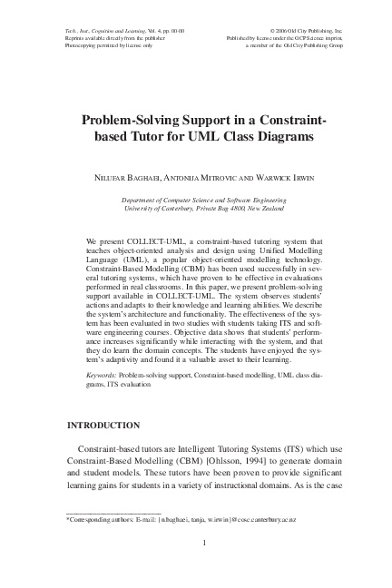 Pdf Problem Solving Support In A Constraint Based Tutor For Uml Class Diagrams Nilufar