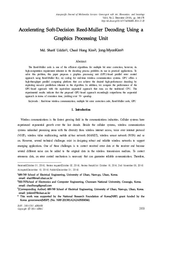 Pdf Accelerating Soft Decision Reed Muller Decoding Using A Graphics