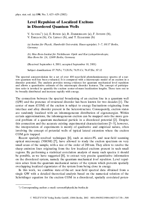 (PDF) Level Repulsion of Localized Excitons in Disordered Quantum Wells ...