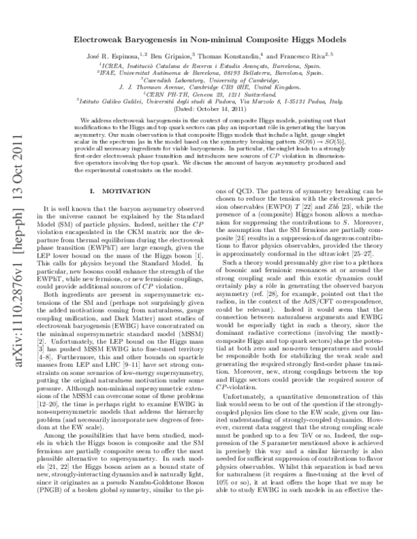 (PDF) Electroweak baryogenesis in non-minimal composite Higgs models