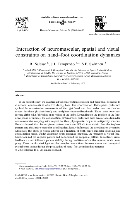 (PDF) Interaction of neuromuscular, spatial and visual constraints on hand–foot coordination ...