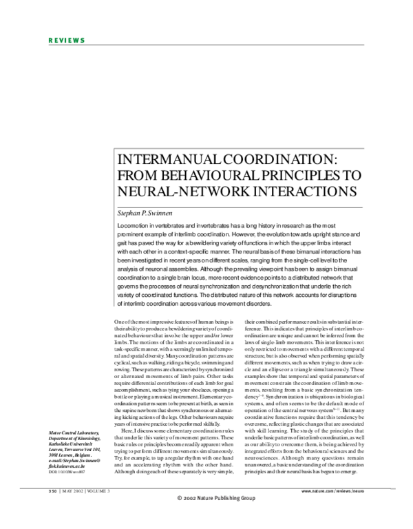 (PDF) INTERMANUAL COORDINATION: FROM BEHAVIOURAL PRINCIPLES TO NEURAL-NETWORK INTERACTIONS