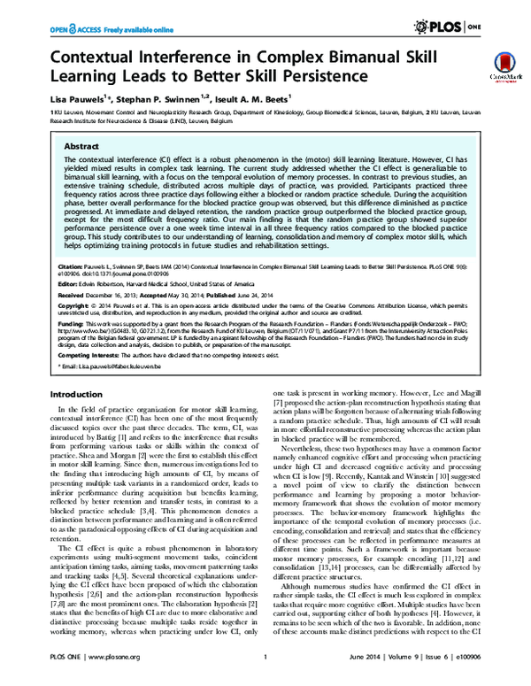 (PDF) Contextual Interference in Complex Bimanual Skill Learning Leads to Better Skill Persistence