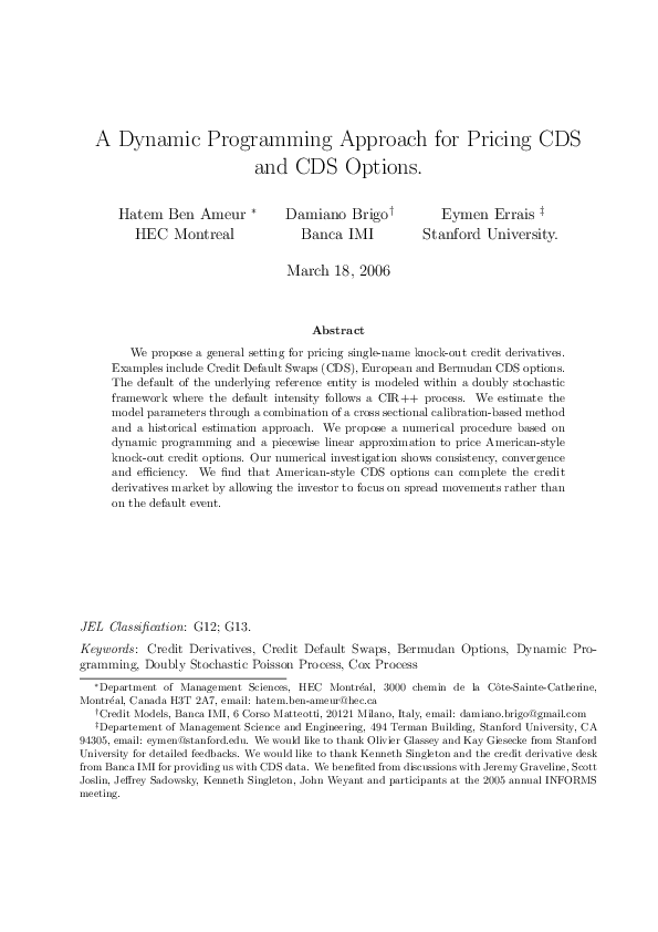 (PDF) A dynamic programming approach for pricing CDS and CDS options