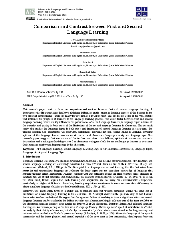 (PDF) Comparison and Contrast between First and Second Language Learning