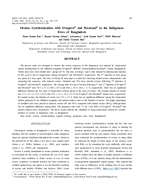 Pdf Oestrus Synchronization With Ovuprost ® And Prostenol ® In The Indigenous Ewes Of Bangladesh