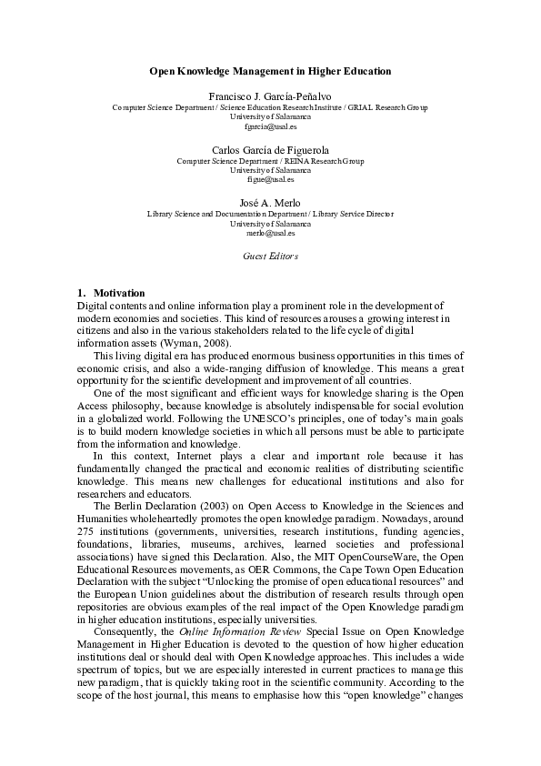 (PDF) Open knowledge management in higher education