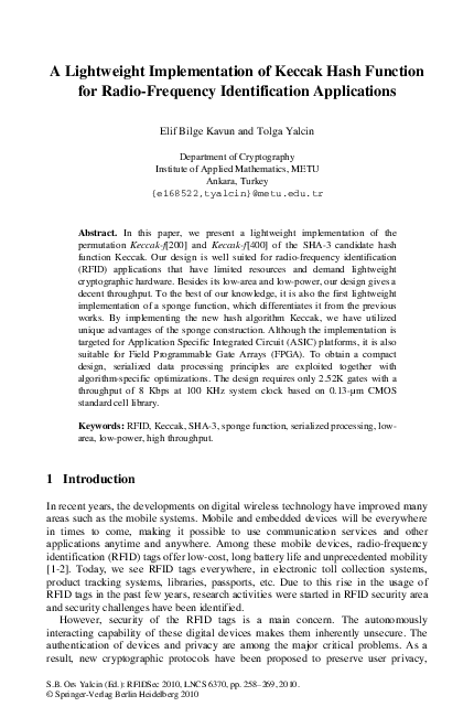 Pdf A Lightweight Implementation Of Keccak Hash Function For Radio Frequency Identification 
