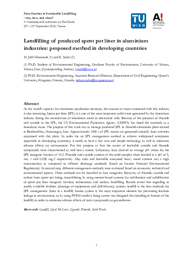 (PDF) Landfilling of produced spent pot liner in aluminium industries ...
